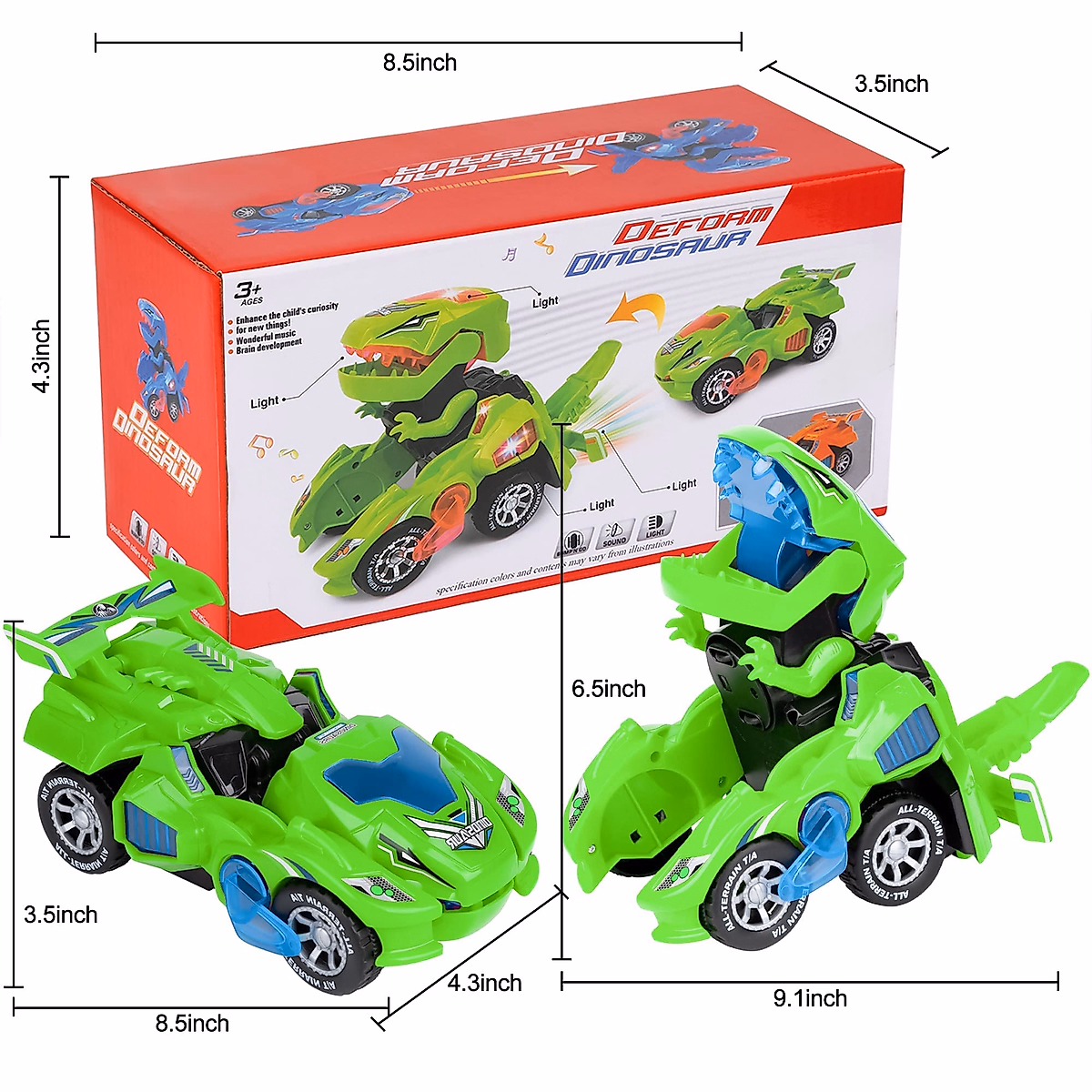 Bezzoni Transforming Dinosaur Car Toys, 2 in 1 Automatic Dinosaur Transform Car with LED Light and Music, Dinosaur Transform Toys for Kids 3-5 (Green)