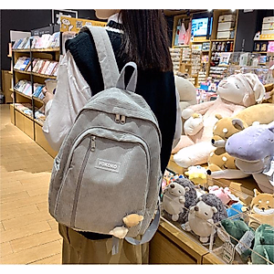 VIEOAGEO Kawaii Backpack with Cute Bear Pins Accessories for Teen Girls Women School Bag Super-Capacity (grey)