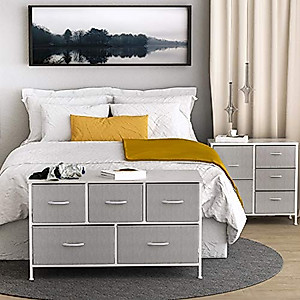 ALLZONE Dresser for Bedroom,Storage Chest Organizer, 5 Fabric Drawers Furniture for Closet, Kids Toy Organization,Wooden Table with Metal Frame, White/Gray