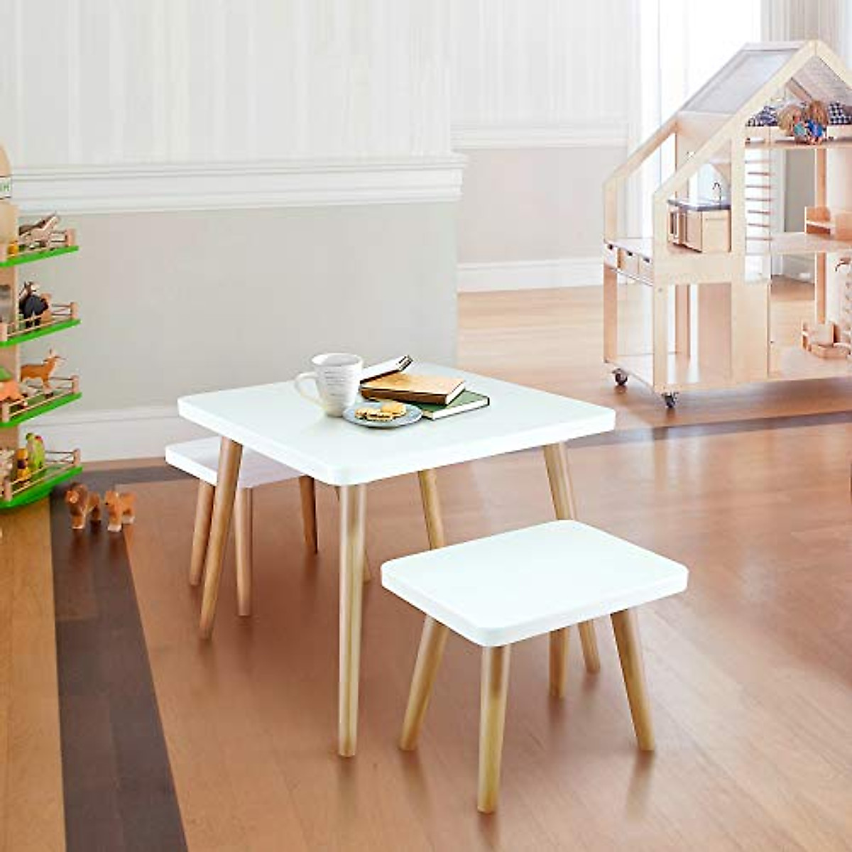 American Trails The Easel Table & Chair Set Kid Table, Two-Tone (White, Natural)
