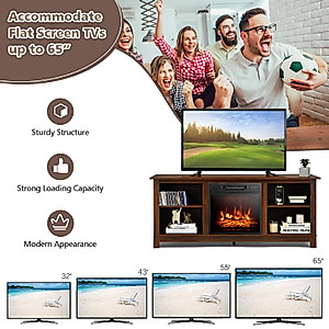 Tangkula Fireplace TV Stand for TVs up to 65 Inches, with 18 Inches 1400W 5,000 BTU Electric Fireplace Insert, Adjustable Flame Brightness & Heat, Timer and Remote Control (Walnut)