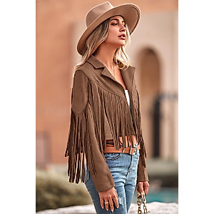 PRETTYGARDEN Women's 2025 Fall Faux Suede Jackets Lightweight Long Sleeve Open Front Cropped Moto Coats (Coffee,Large)