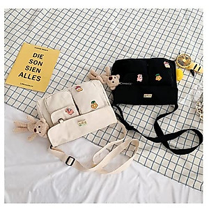 Canvas Crossbody Bag with Kawaii Pins and Pendent,Casual Shoulder Messenger Bag Students Schoolbag for Girls Women