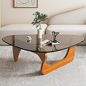 Triangle Glass Coffee Table-Mid-Century Modern End Table Solid Wood Base and Vintage Tempered Transparent Glass Top Coffee Tables Living Room Balcony (Walnut/Brown, Medium 35.8 * 25.5 * 16in)
