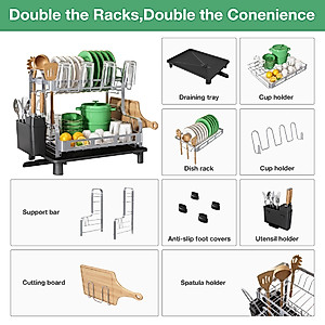 romision Stainless Steel Dish Drying Rack, Dish Racks for Kitchen Counter, Two Tier Dish Drainers with Cutlery Holder and Cup Rack, Large Dish Dryer Rack for Saving Space, Grey