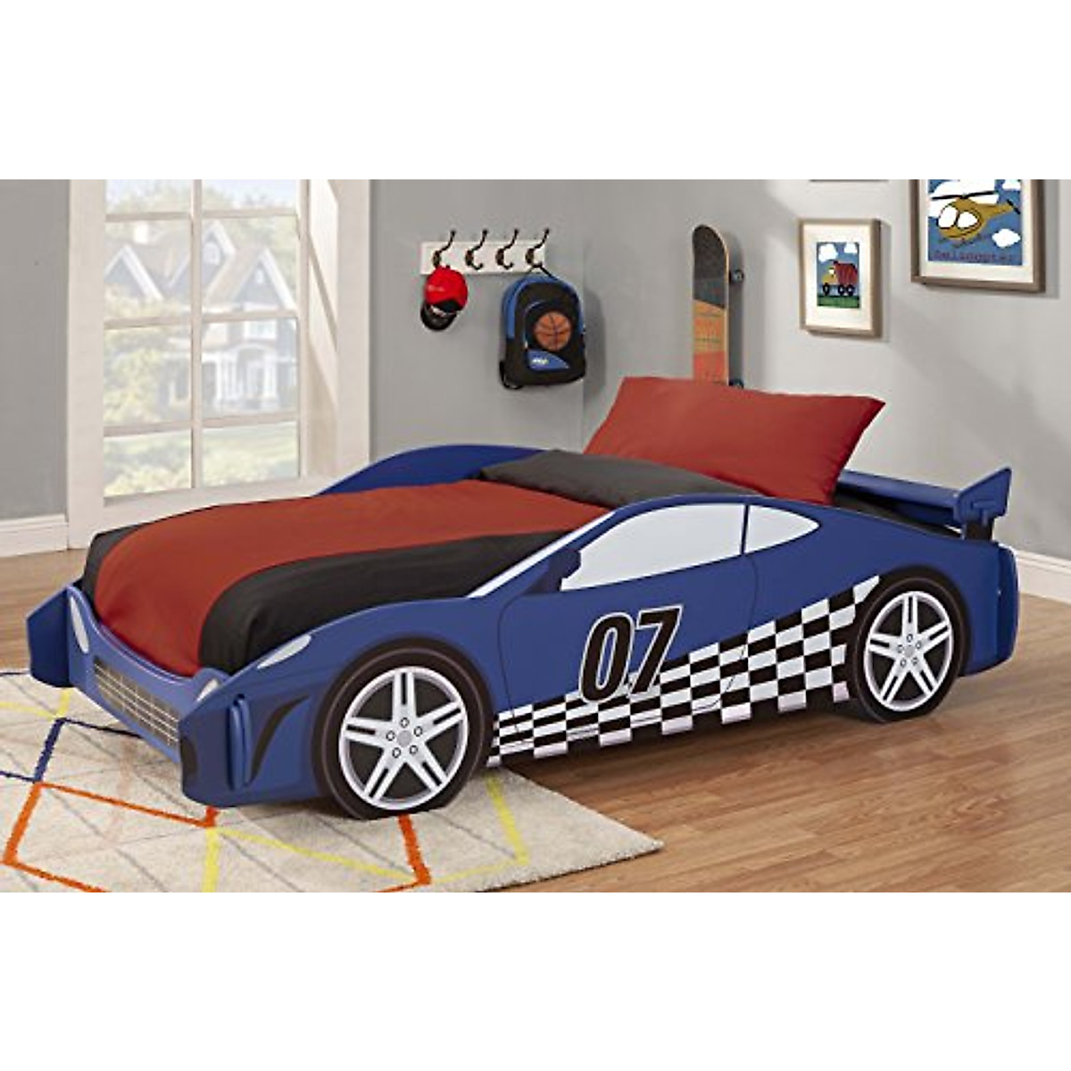 Legaré Furniture Children's Race Car Standard Bed Frame for Kids, Blue and White, Twin Size