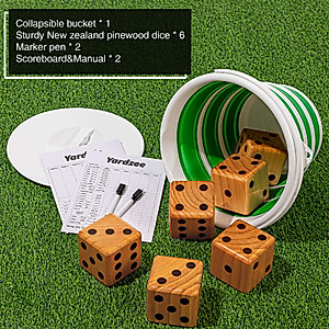 Crobyi Yardzee&Farkle Giant Yard Dice with Collapsible Bucket, 3.5" Giant Wooden Lawn Dice Game for Family. Includes 6 Giant Dice, 2 Scoreboard,2 Marker Pens and Collapsible Bucket.