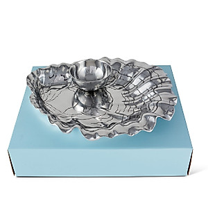 Arthur Court Aluminum Metal Oyster Chip Bowl with Pearl Dip Bowl - Formal and Everyday Coastal décor 15 inch x 13.5 inch