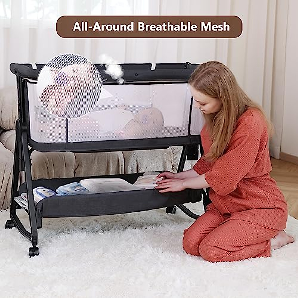 zebrater Baby Bassinet Bedside Sleeper with Storage Basket and Wheels,All Mesh Bedside Bassinet for Baby,7 Adjustable Height Portable Bedside Crib Co Sleeper for Newborn/Infant(3 in 1,Black)