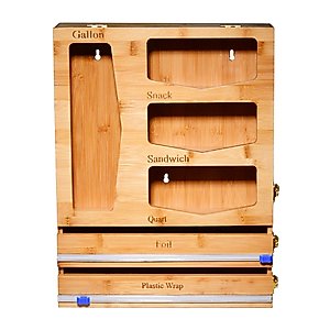 TILSI Storage Bag Organizer, Plastic Wrap Organizer and Dispenser with Cutter for Kitchen, Compatible with Gallon, Quart, Sandwich and Snack Variety Size Bag