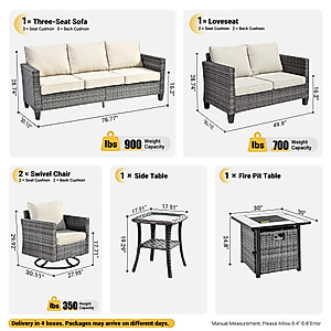 ovios 6 Pieces Patio Furniture Set with Square Fire Pit Table, Swivel Rocking Chairs, Loveseat, Outdoor High Back Wicker Rattan Conversation Set for Deck Porch, Beige