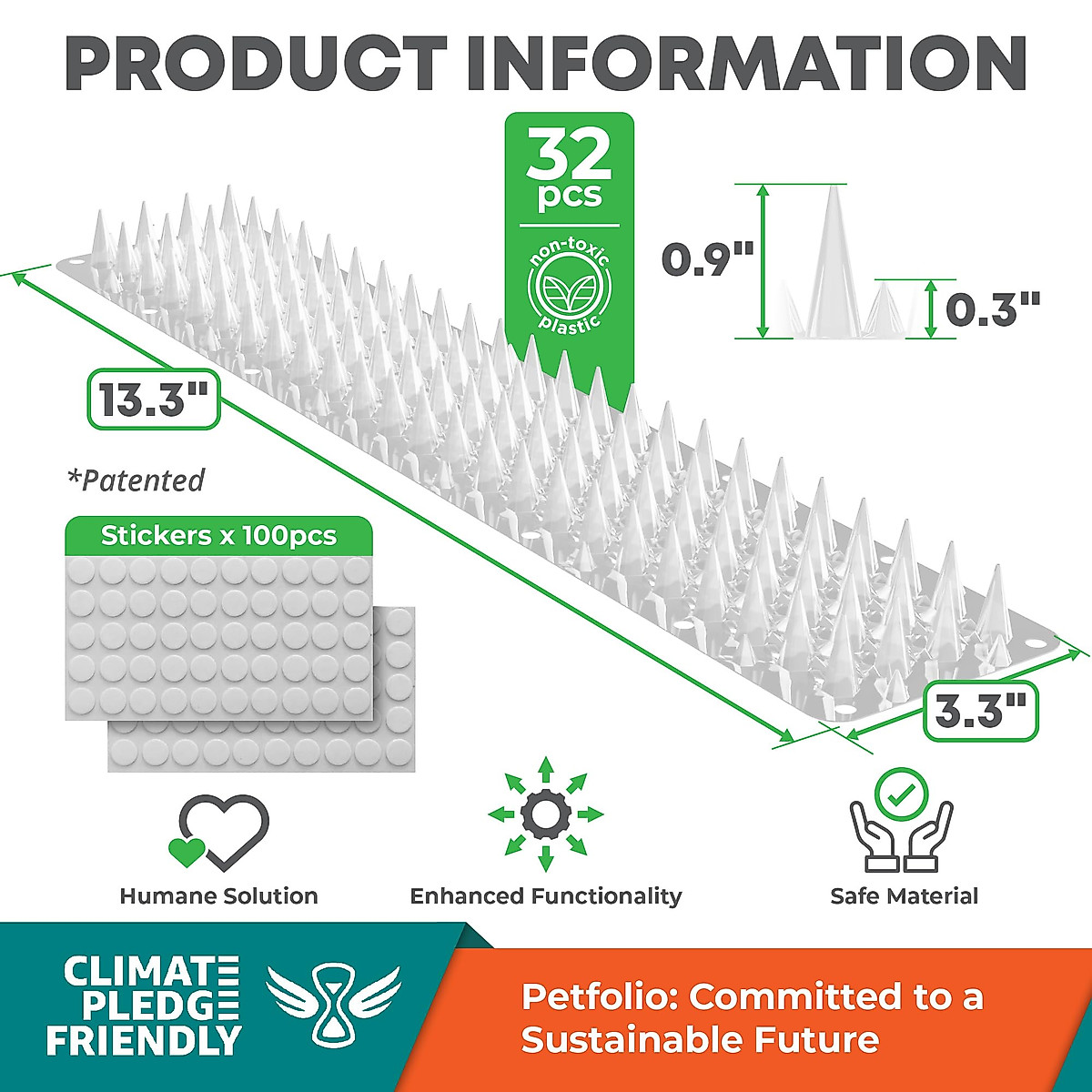 Petfolio 32 Pack Bird Deterrents for Outside Patio - 35ft Transparent Balcony Pigeon Deterrent Spikes to Keep Birds Away. Anti Bird Spikes for Pigeons and Other Small Birds, Crows, Woodpeckers & Cats