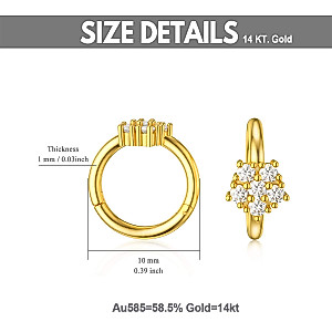 SISGEM 14K Real Gold Flower Nose Ring with Sparkly Cubic Zirconia,1 PC Yellow Gold Small Hoop Earring Nose Ring Fine Jewelry Gift for Mother's Day Birthday,18 Gauge（2 in 1）