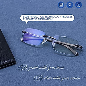 Missfive Premium Aluminum Progressive Multifocus Reading Glasses Men Blue Light Blocking, No-Line Spring Hinge Rimless Office Multifocal Metal Readers, Workspace for Mid-Near Range(3.0x, Gunmetal)