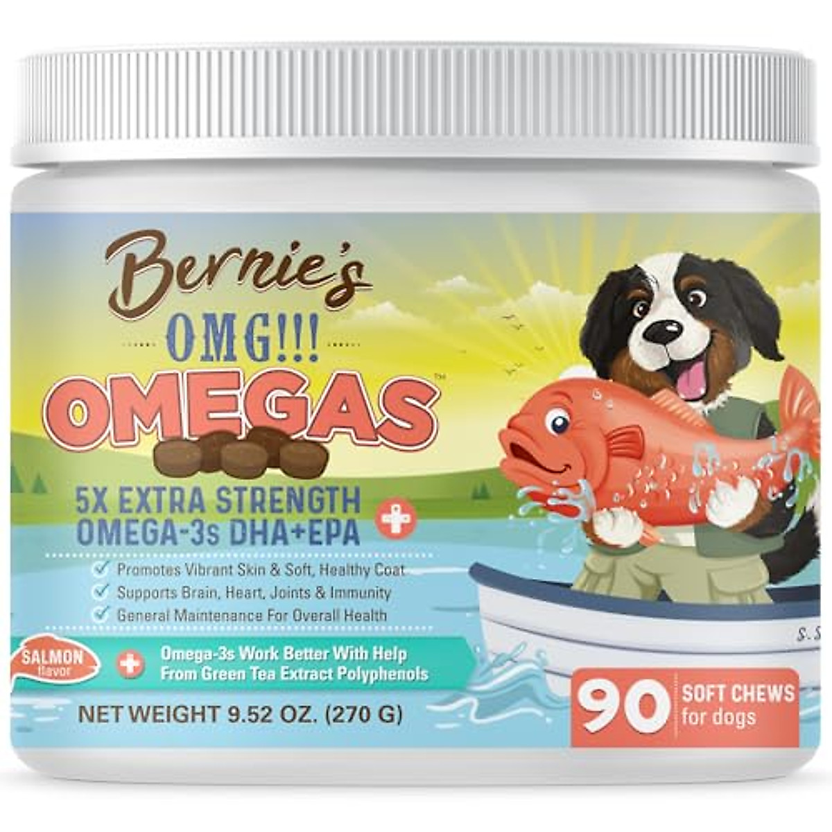 Bernie’s OMG!!! Omegas 5X Extra Strength Omega-3s DHA+EPA, Chews with Fish Oil for Dogs, Ultimate Skin & Coat, Works as Dog Allergy Chews, Dog Calming Chews, Joint Supplement. (Salmon)