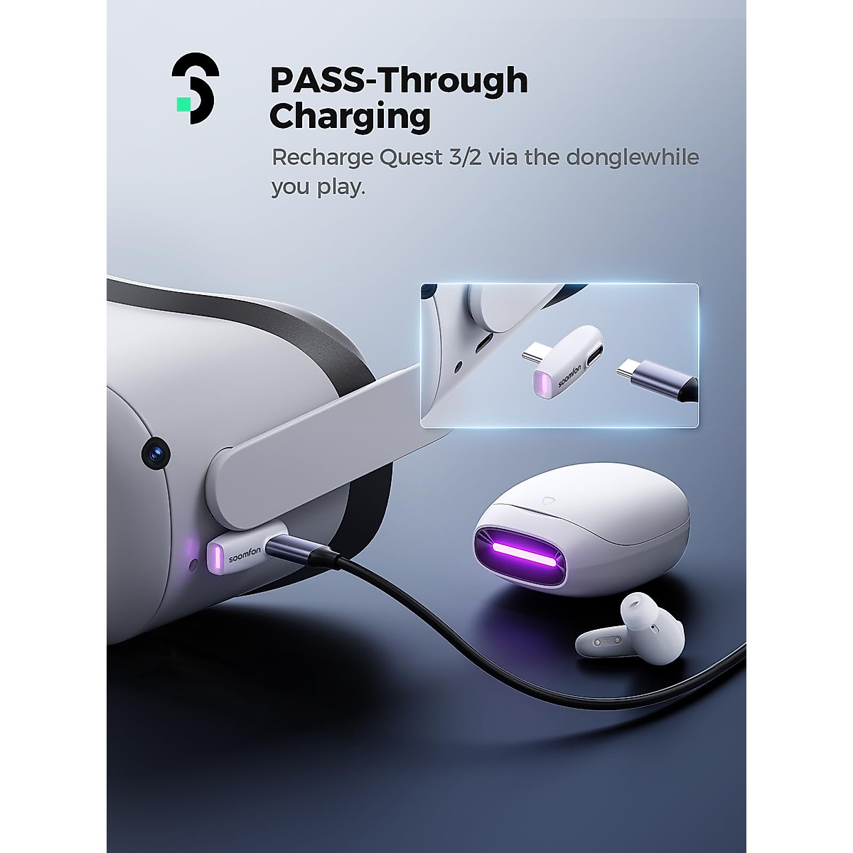 SOOMFON VR Wireless Gaming Earbuds 16ms Low Latency, Dual Connection, 2.4GHz Wireless, USB-C Dongle Included - Compatible with Quest 2, Quest Pro, PS5, PS4, Steam Deck, PC, Switch