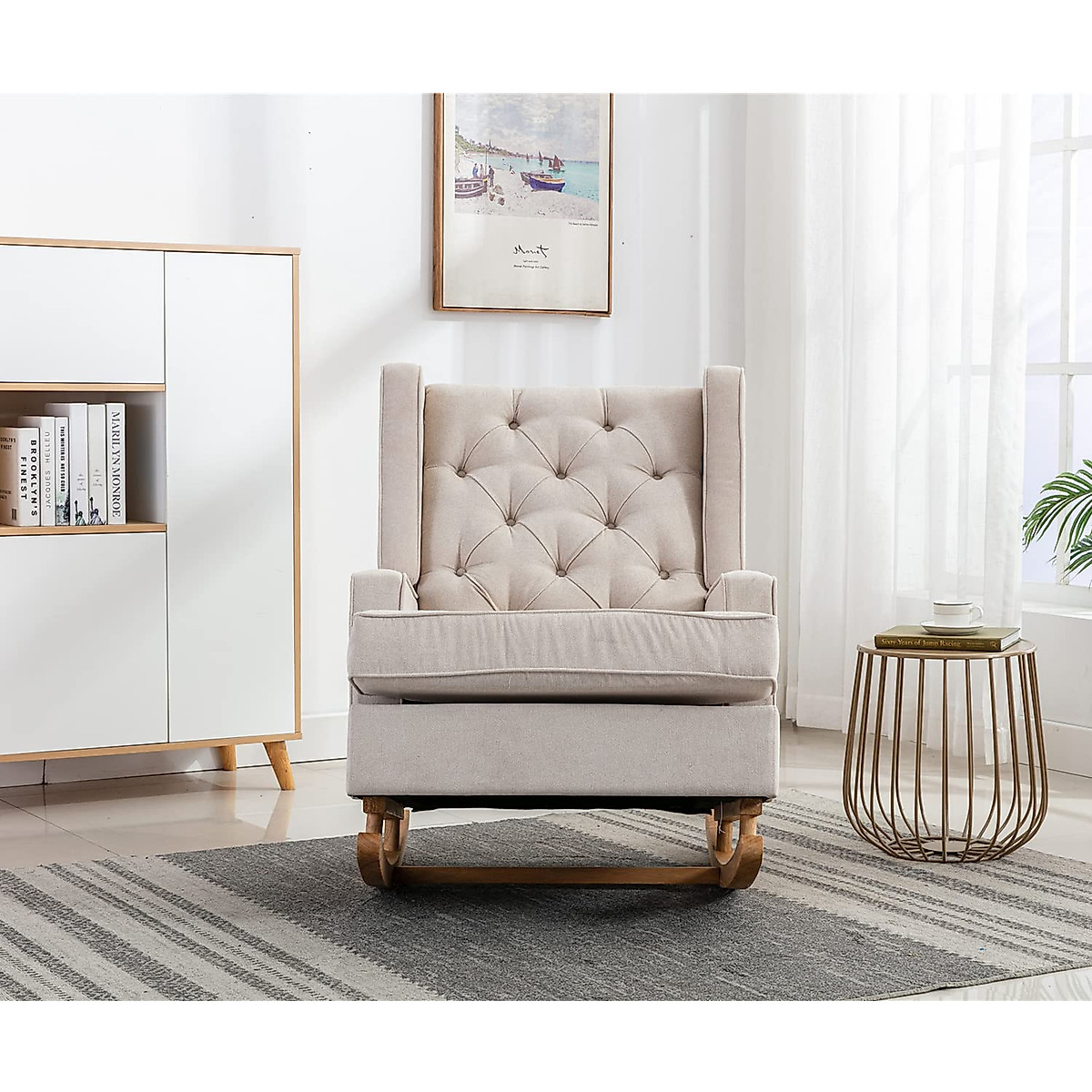 KINFFICT Upholstered Accent Rocking Chair, Mid Century Glider Rocker for Baby Nursery, Modern Wingback Armchair for Living Room, Bedroom, 300 LBS Weight Capacity, Beige