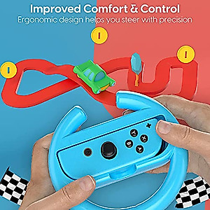 TalkWorks Steering Wheel Controller for Nintendo Switch (2 Pack) - Racing Games Accessories Joy Con Controller Grip for Mario Kart, Blue/Red Combo