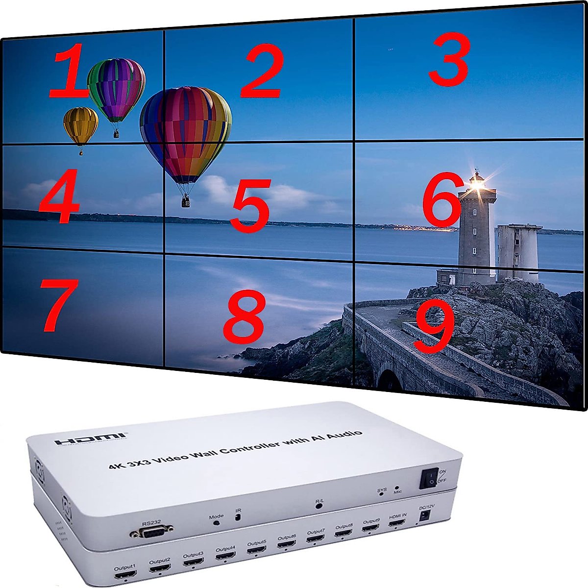 4K HDMI 3x3 Video Wall Controller with Al Audio | 9 Channels | HDMI 1.4, HDCP1.4 | 1 HDMI Input & 9 Outputs | 15 Display Modes - 1x2, 1x3, 1x4, 2x1, 2x2, 2x3, 2x4, 3x1, 3x2, 3x3, 4x1, 4x2
