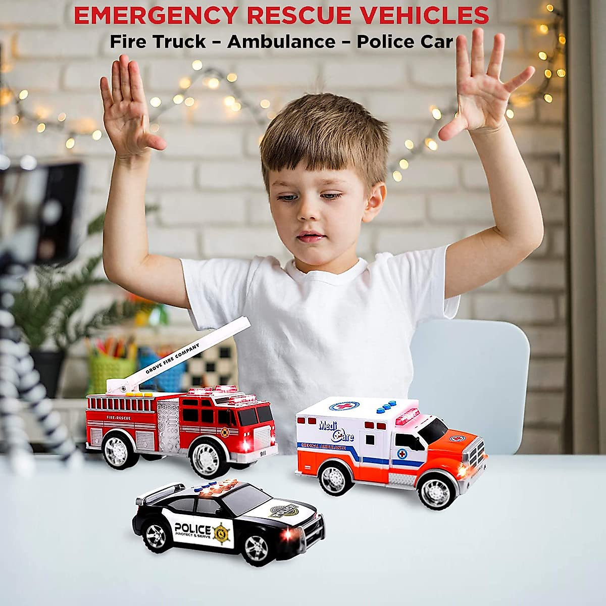 Liberty Imports 3-in-1 True Hero Emergency Rescue Vehicles Kids Toy Cars Playset - Ambulance, Fire Truck and Police Car with 3-Button LED Light and Sound Effects
