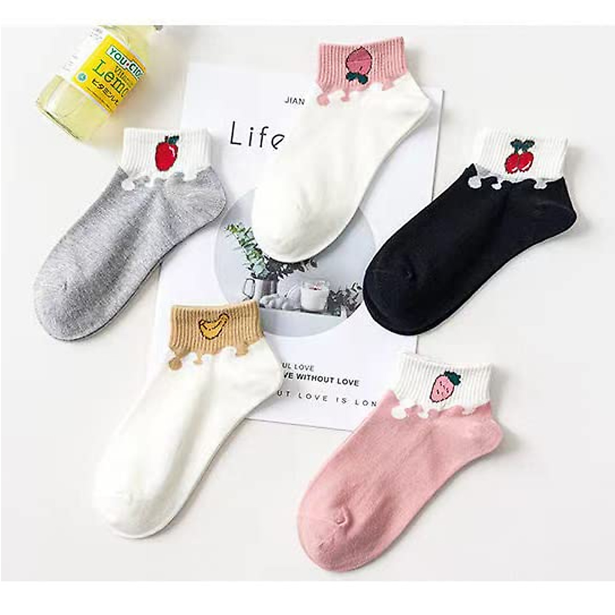 Aufona 5/10 Cute Crew Socks for Women Floral Cotton Socks Ankle Socks for Girls Teen (5 Pairs-Fruit)
