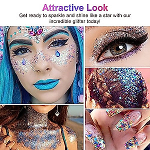 Holographic Body Glitter, TEOYALL Long Lasting Glitter Shimmer Chunky Sequins Glitters for Body, Face, Hair Makeup (Pink)