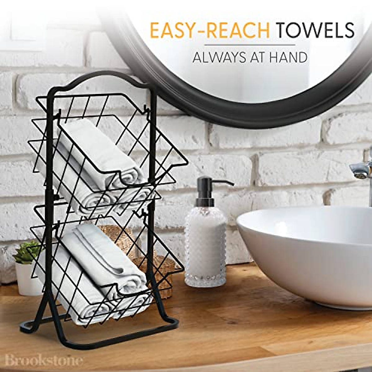 BROOKSTONE, Hand & Face Towel Rack, Bathroom Storage Accessory Holder, 2 Tier Bath Organizer, 2-in-1 Use Also as a Fruit Basket