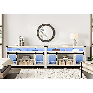 WAMPAT 2-in-1 TV Stand for 100+ Inch TV, Farmhouse & Industrial Media Entertainment Center w/Sliding Mesh Doors, Rustic TV Console w/Storage Shelves & Blue LED Lights for Living Room, Antique White