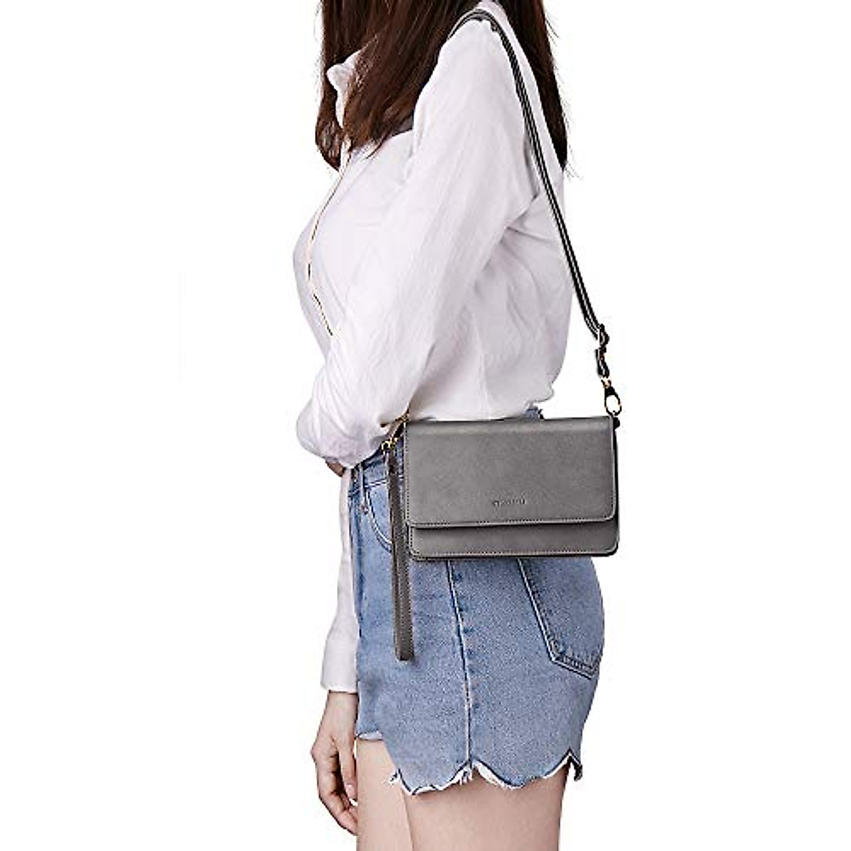 nuoku Women Small Crossbody Bag Cellphone Purse Wallet with RFID Card Slots 2 Straps Wristlet, Grey Bag