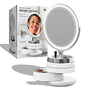 Sharper Image Spastudio Vanity Plus 10-Inch LED Mirror with Storage Trays, Touch-Activated Brightness Controls, Dimmable Halo Light Ring, 5X and 10X Magnification