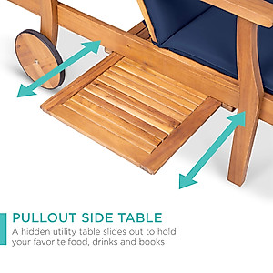 Best Choice Products 79x26in Acacia Wood Chaise Lounge Chair Recliner, Outdoor Furniture for Patio, Poolside w/Slide-Out Side Table, Foam-Padded Cushion, Adjustable Backrest, Wheels - Navy Blue