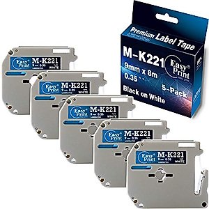 EASYPRINT Compatible M Tape Replacement for Brother MK-221 m-k221 9mm 0.35inch Black on White MK Label Tape use for Brother P-Touch Label Maker PT-M95 PT-70BM PT-90 PT-80 PT-65 PT-85, 5-Pack