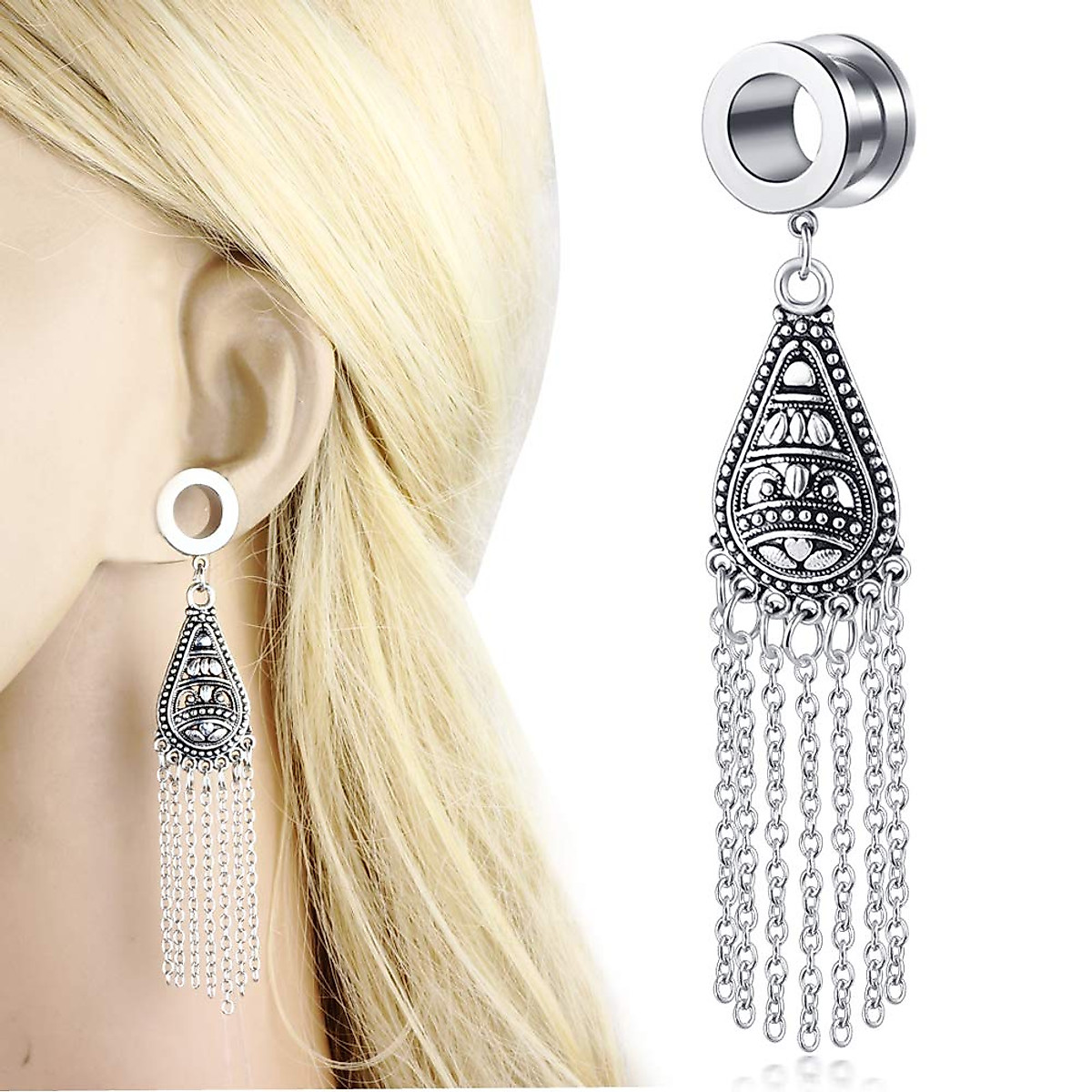 TIANCI FBYJS 3 Pairs Dangle Ear Plugs Tunnels Stainless Steel Pendant Ear Gauges Expander Stretcher Ear Piercing Jewelry (10mm=00g)