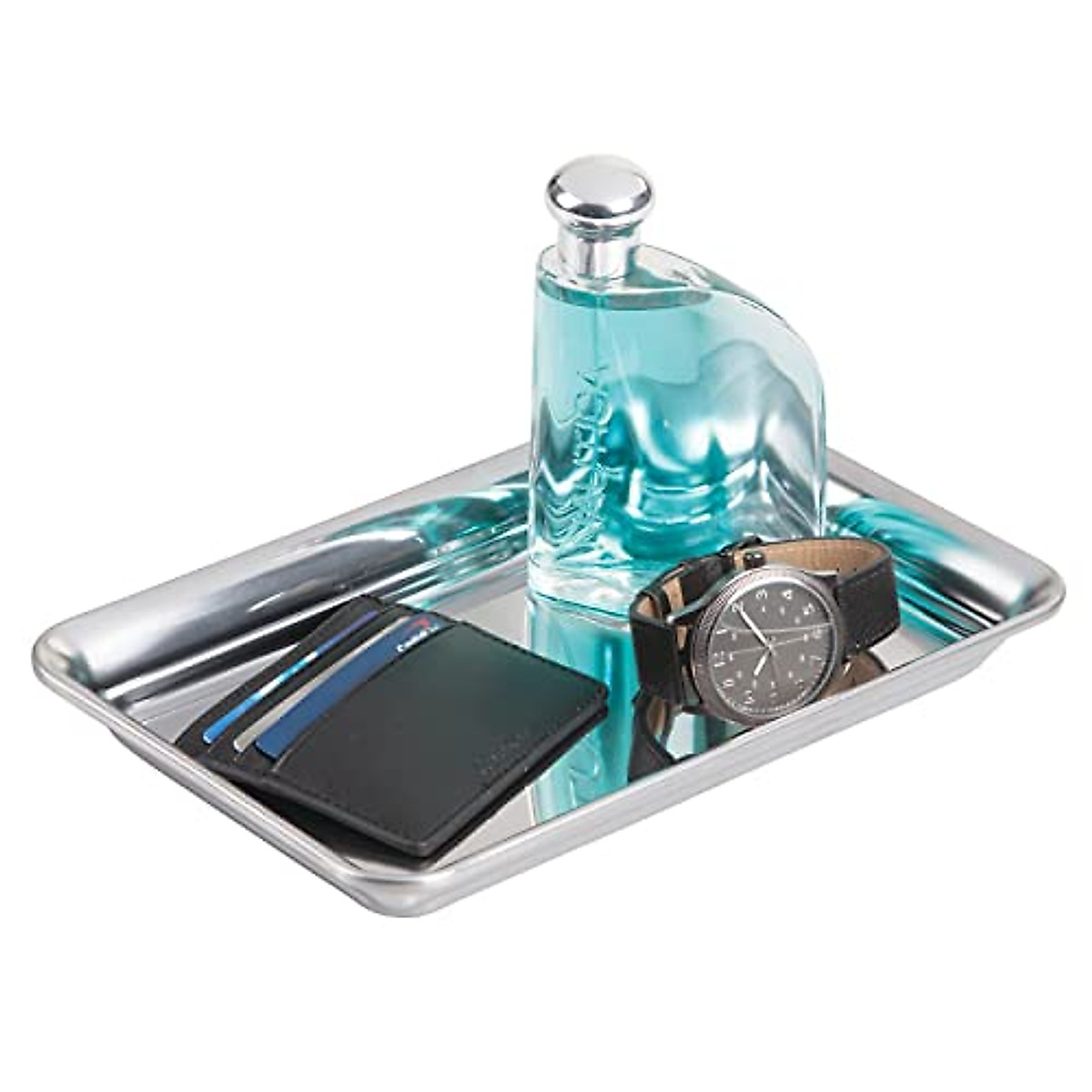 mDesign Metal Storage Organizer Tray for Closet Vanity Countertop, Bathroom, Dresser, Office - Holder for Watches, Money Clips, Cufflinks, Reading Glasses, Cologne, Guest Hand Towels - Polished