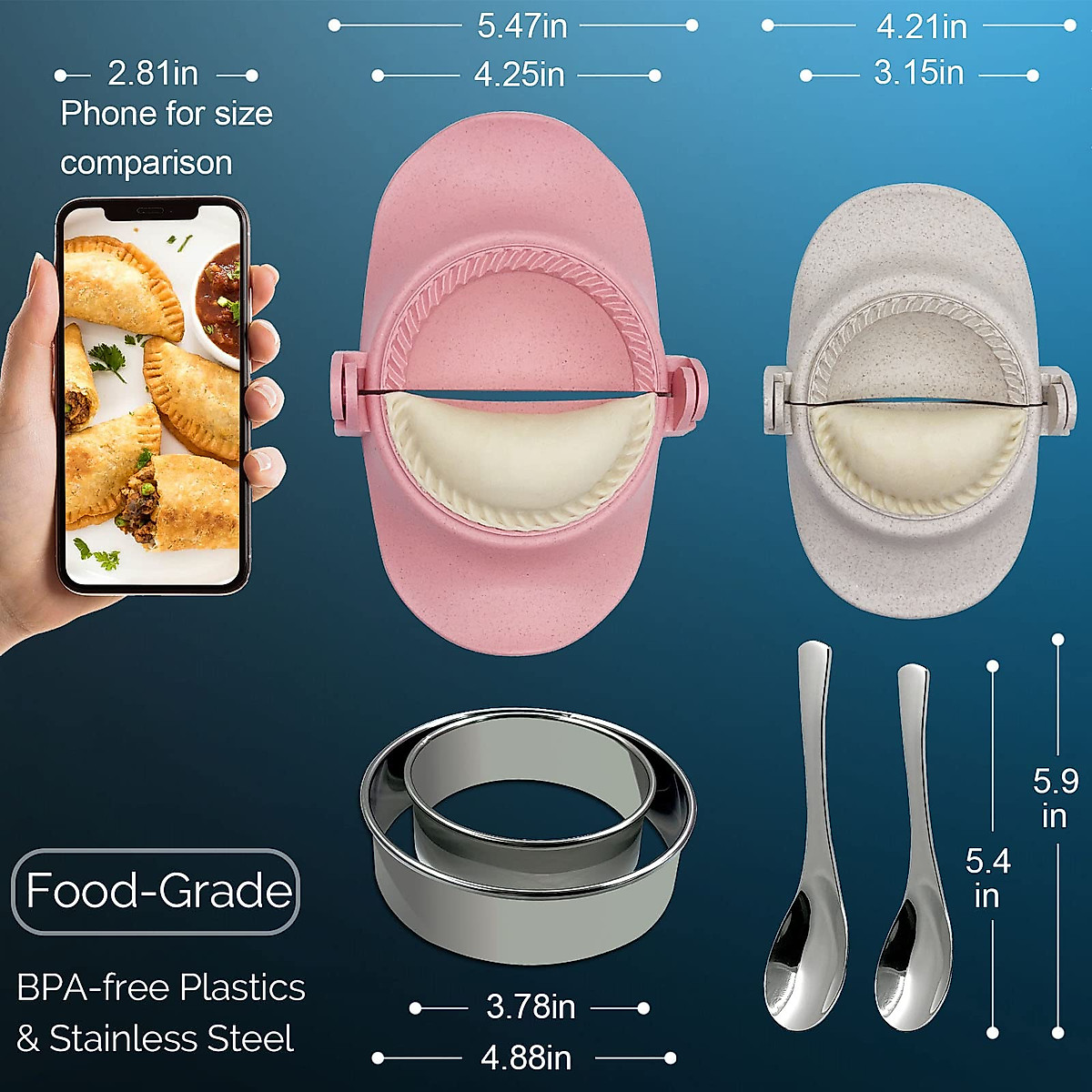 3.1in Dumpling Maker & 4.2in Empanada Maker Press Set Including 2* Press Molds, 2* Round Cutters, 2* Stuffing spoons K03A by CHIVIOR