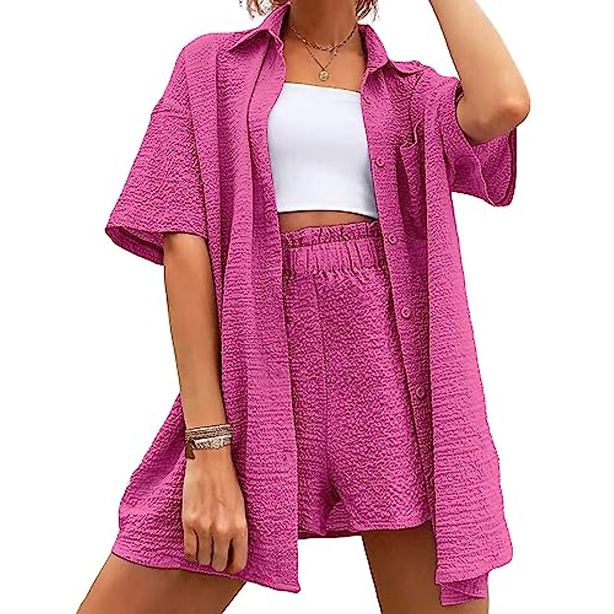 Ekouaer Womens Lounge Sets 2 Piece Outfits Casual Tracksuit Pajamas Set Button Down Shirt and Shorts Pockets Pink S