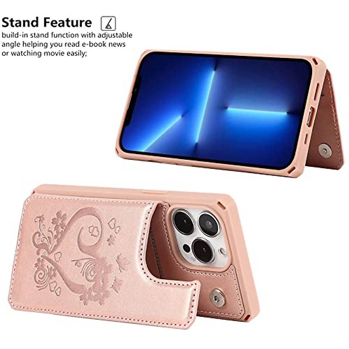 iCoverCase for iPhone 13 Pro Phone Case with Card Holder, iPhone 13 Pro Wallet Case for Women with Strap, RFID Blocking Embossed Leather Kickstand Case for iPhone 13 Pro 6.1 Inch (Heart Rose Gold)