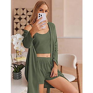 Ekouaer Womens 3 Piece Waffle Knit Lounge Set Soft Pajama Sets Tank Top and Shorts Cardigan with Pockets (Army Green, S)