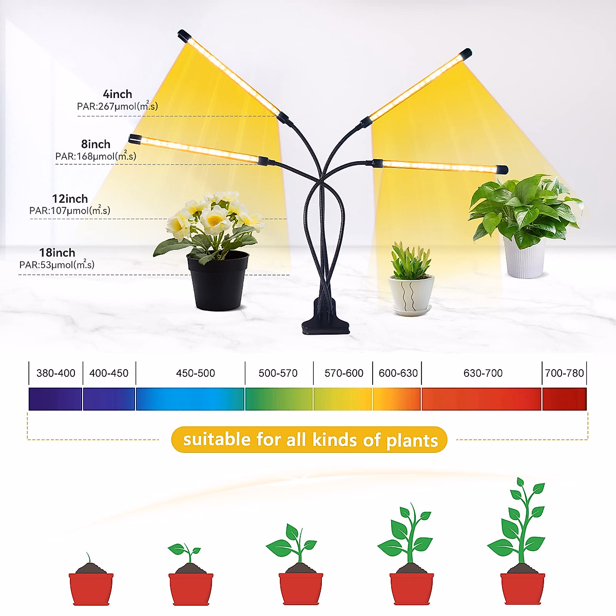 Kalrin Grow Lights for Indoor Plants, Four Head Grow Light with Full Spectrum, Adjustable Gooseneck Plant Light for Indoor Plants, Grow Lights for Seed Starting, 4 Modes, Auto 3/6 /12h Timer