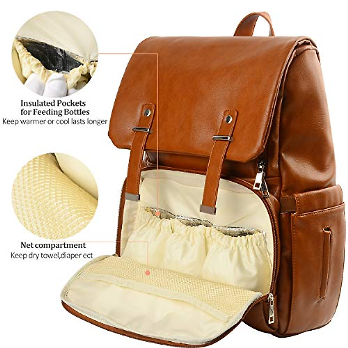 KZNI Leather Diaper Bag Backpack, Nappy Bag Baby Bags for Mom Unisex Maternity Diaper Bag with Stroller Hanger|Thermal Pockets|Adjustable Shoulder Straps|Water Proof| LargeCapacity (Brown)