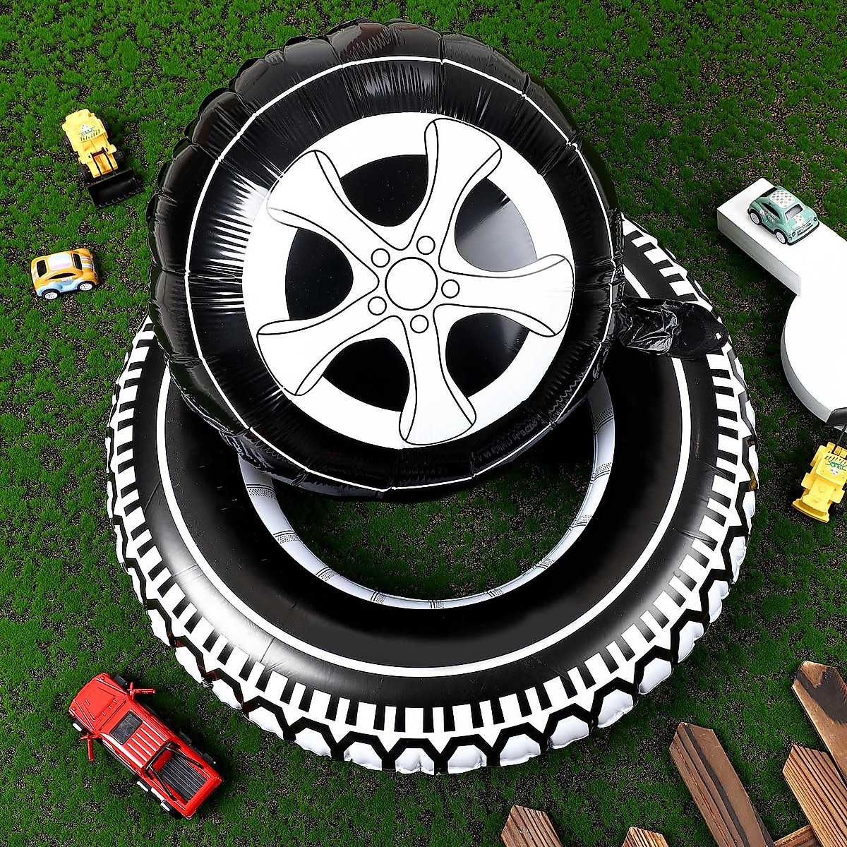 14 Pcs Car Decorations Racing Cars Birthday Party Supplies, 4 Tire Tube Swim Ring Inflatable Tire Floats for Pool with 10 Balloons 18 Inch Race Car Balloons for Birthday Car Themed Party (Wheel Style)