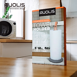 Paper Towel Holder Countertop - Auolis Wooden Paper Towel Rack - Stand Kitchen Accessories Paper Towels Rolls Dispenser with Leather Handle & Cement Base ,for Bathroom and Farmhouse(White)