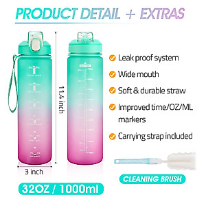 YC Kitchen Motivational Water Bottle with Time Marker- 32oz Water Bottles with Times to Drink, Leakproof & BPA Free Sports Water Bottle with Straw & Carry Strap for Fitness, Gym, and Outdoor Sports