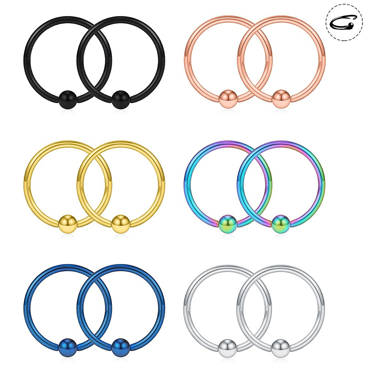 SCERRING 12PCS 20G 10mm Nose Hoop Lip Eyebrow Tongue Helix Tragus Cartilage Septum Piercing Ring - Mix Color 1#