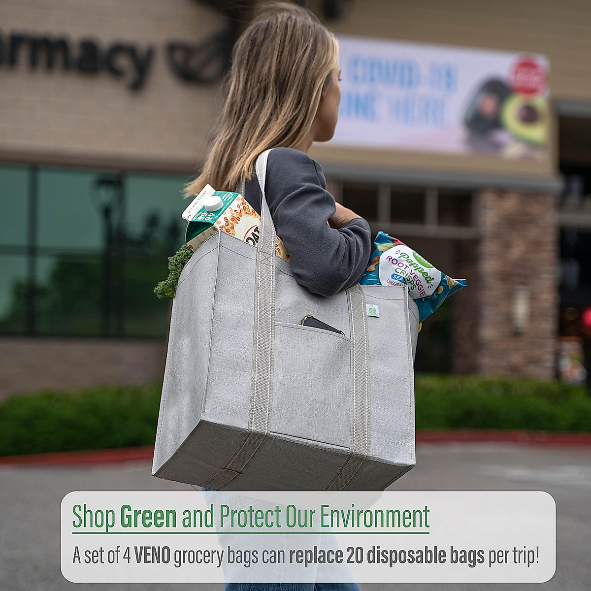 VENO 4 Pack Reusable Grocery Bags w/ Hard Bottom, Heavy-Duty Shopping Bags for Shopping Cart (Beige, 4 Pack)