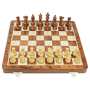 House of Chess - Victorian Staunton Golden Acacia Wood Chess Set - 14 x 14 Inches Wooden Folding Chess Board with Algebraic Notation - Wooden Chess Pieces with King Height 3 Inches + 2 Extra Queens
