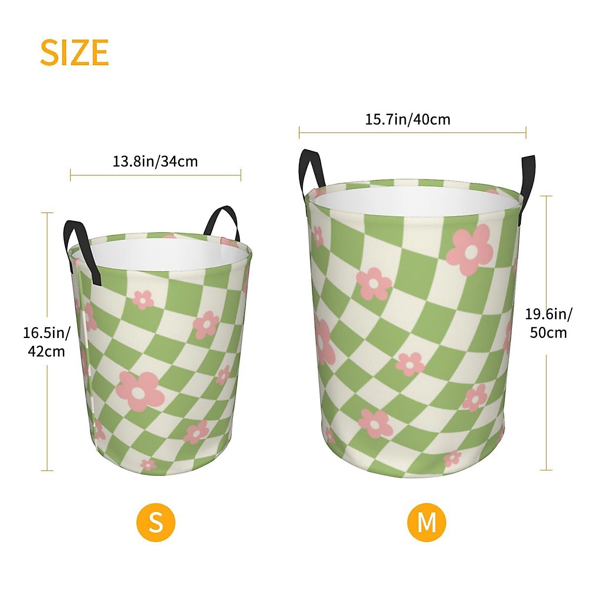 Green Pink Checkered Floral Laundry Basket Waterproof Collapsible Round Laundry Hamper Toys Clothes Organizer Gift Basket For Room Small