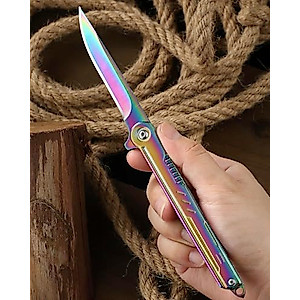 DRACHENADER Rainbow Pocket Knife 8.1" for Men EDC Colored Knife Keychain Pretty folding knife with clip and sheath, gift for mom, girlfriend, women