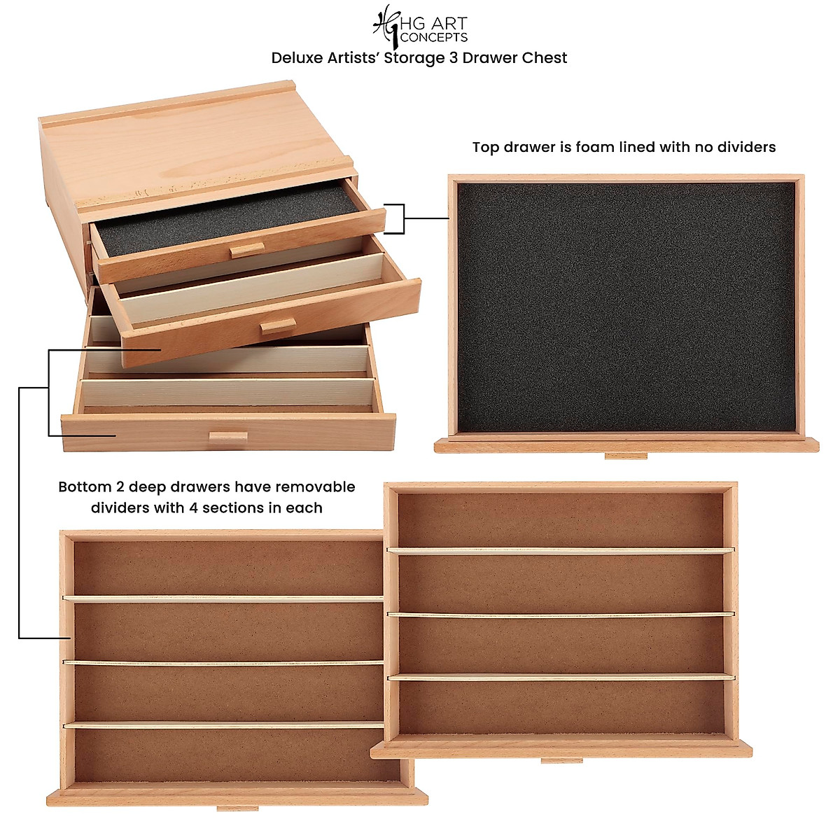 HG Art Concepts Artists Storage Chests - Premium Studio Organizer for Paint Tubes, Brushes, Pencils, Markers, & More! - 3 Drawer & 4 Drawer