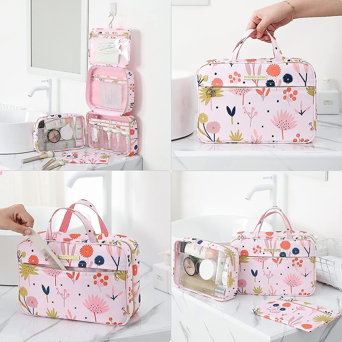 Lychii Hanging Toiletry Bag for Women, Travel Makeup Organizer Cosmetic Case for Bathroom Shower, Large - Floral Printed